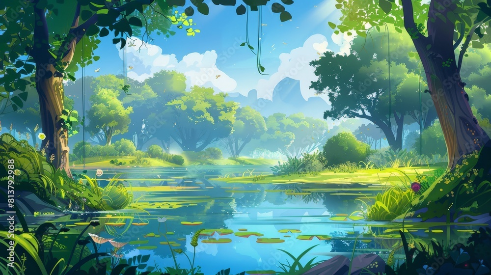 Landscape design for a forest swamp scene for a fantasy game. Beautiful ...