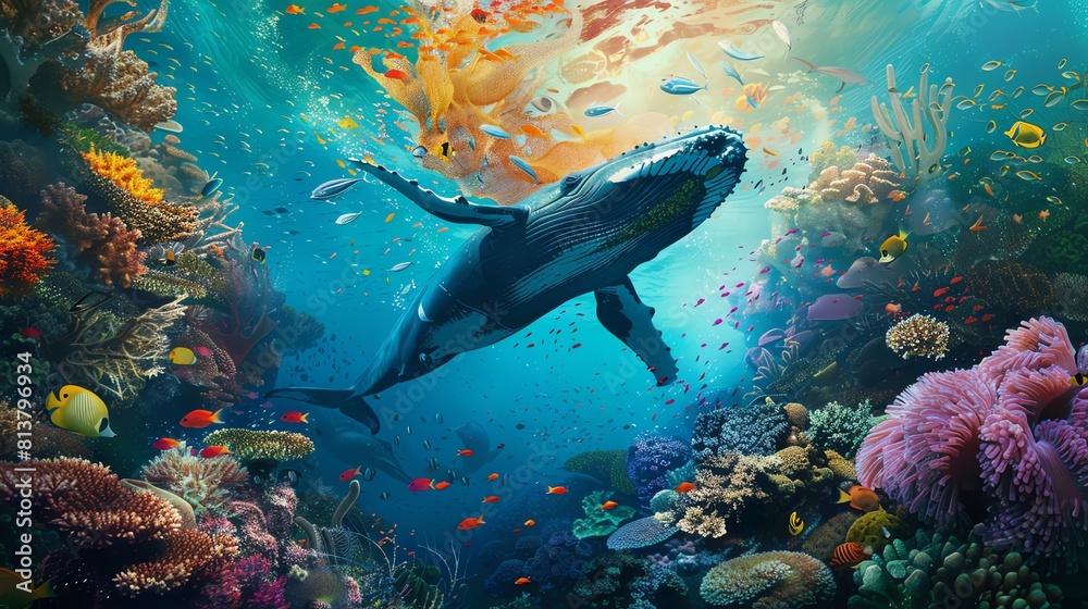 Underwater scene with a blue whale swimming over a coral reef. The ...