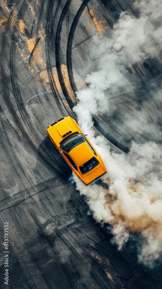 Aerial top view professional driver drifting car on asphalt road track ...