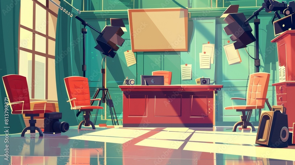 Video camera and spotlights, big star, microphone, and tv equipment on ...