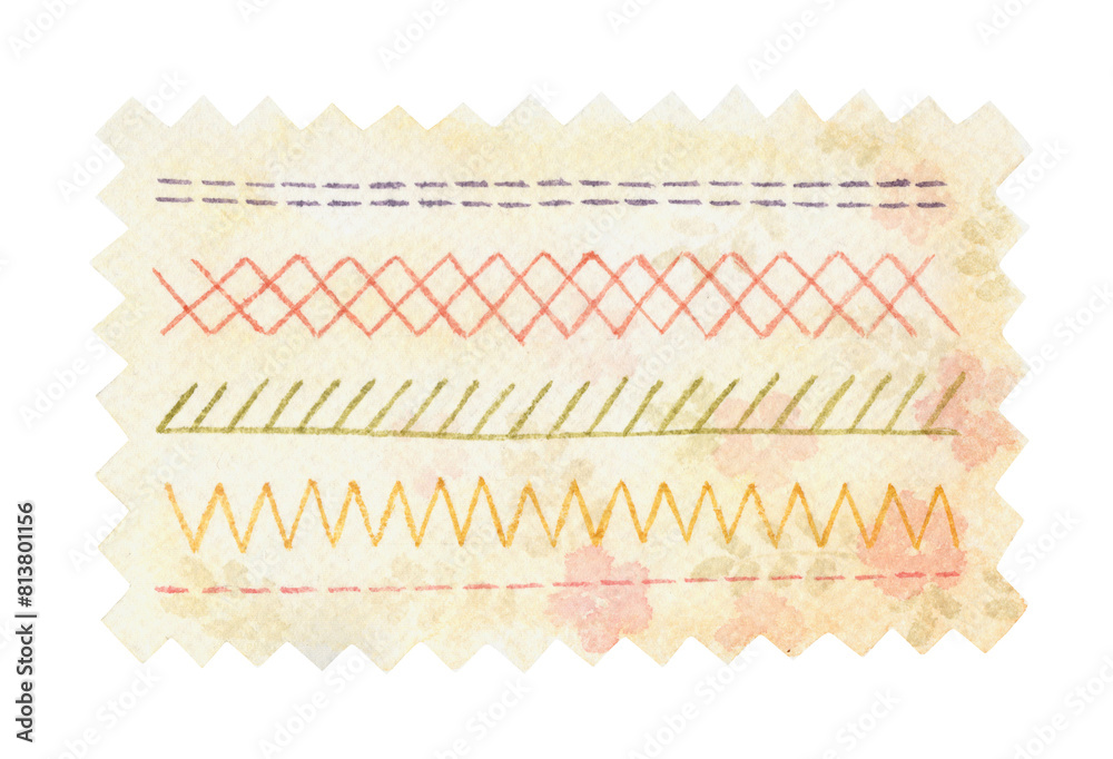 Fabric sample with sewing stitches of threads hand drawn watercolor ...