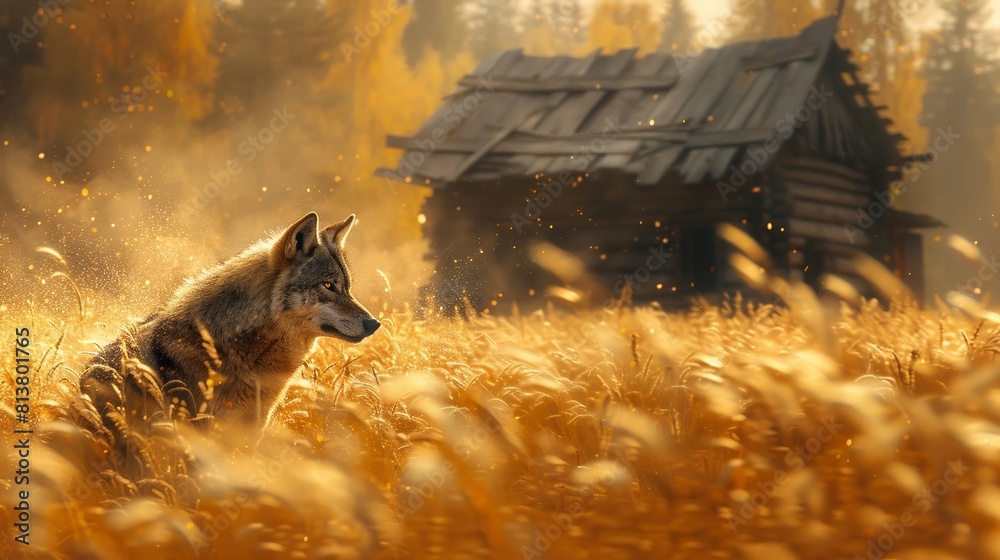 Big bad wolf blowing down the straw house, panic, and chaos, sunny day. Stock Photo | Adobe Stock
