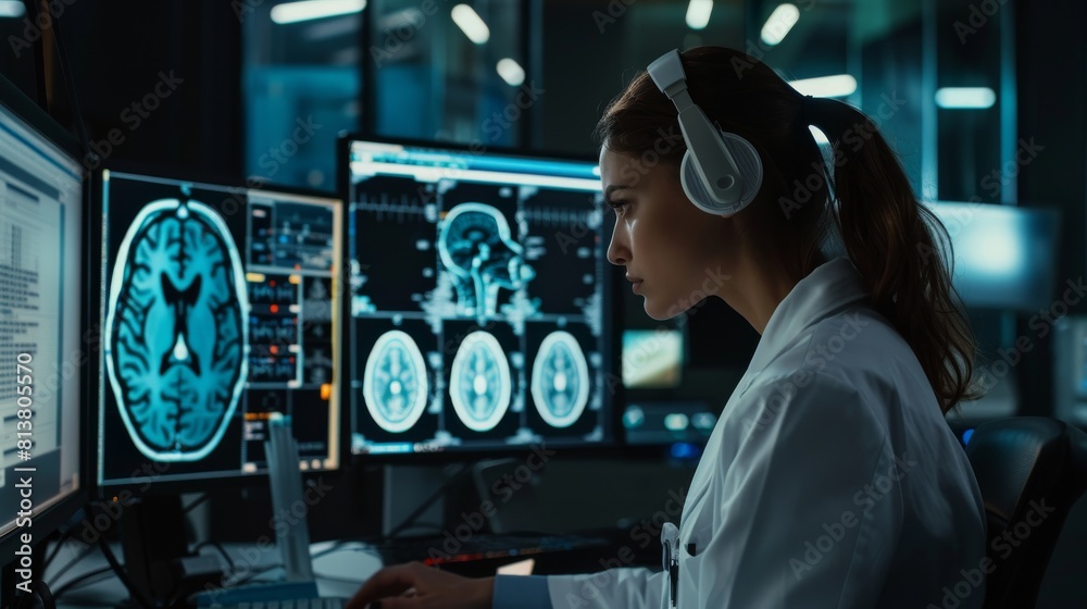 Photograph of female medical scientist in laboratory using computer to ...