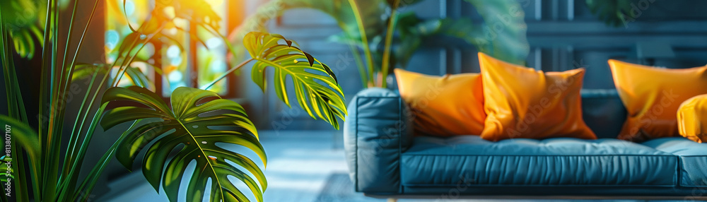 Monstera plant in a modern living room, side view, urban jungle ...