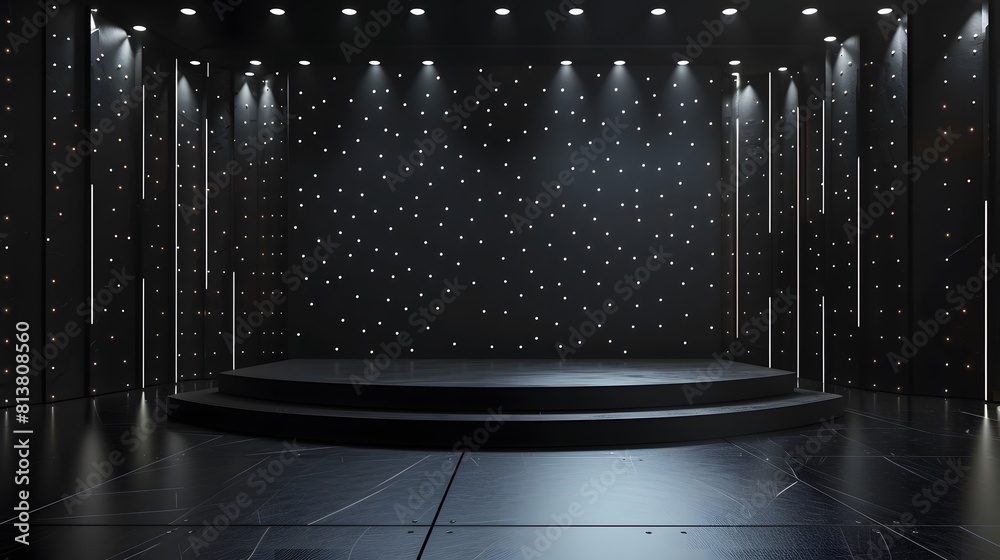 Black empty stage with LED lights and modern background wall with dots ...