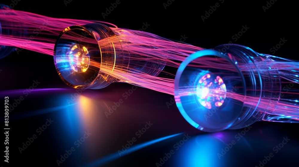 3D visualization of a fiber optic cable transmitting light, with ...
