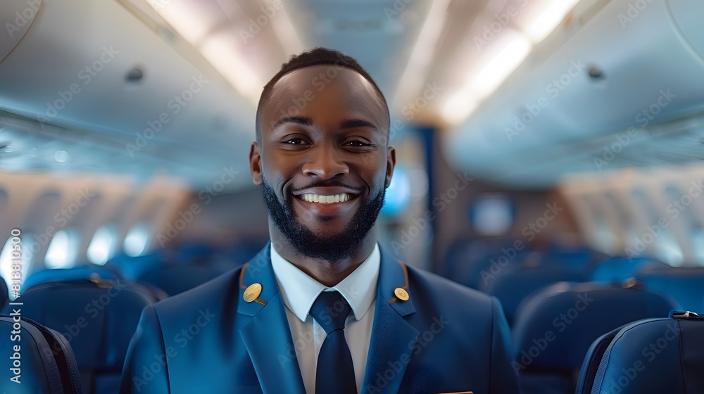 Handsome black man flight attendant smiling standing in the middle of ...