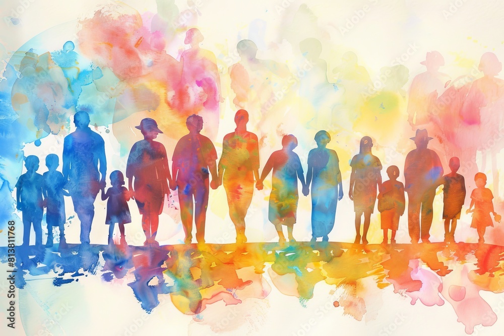 Watercolor illustration celebrating generational unity: silhouettes of ...