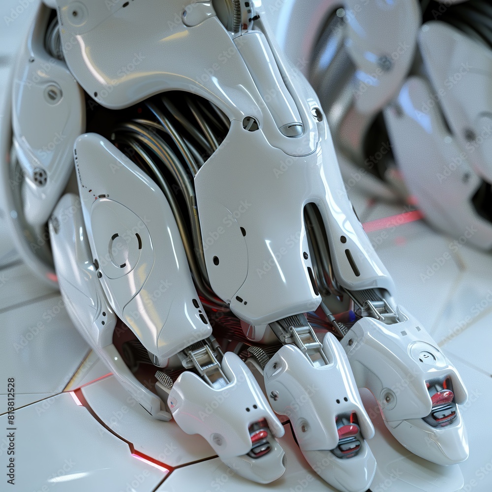 The image shows a close-up of a robotic foot. The foot is made of white ...