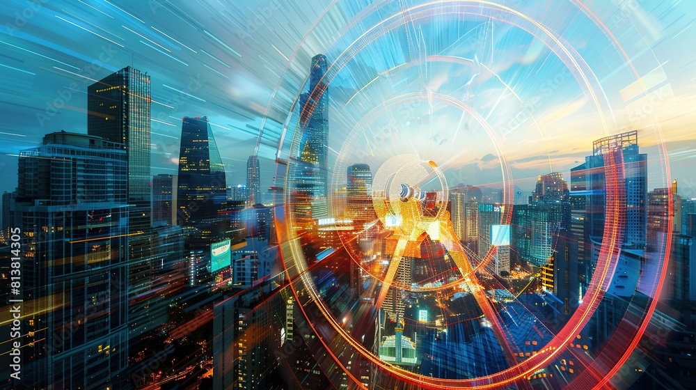 Market cycles, a Ferris wheel of economic phases against a city skyline ...