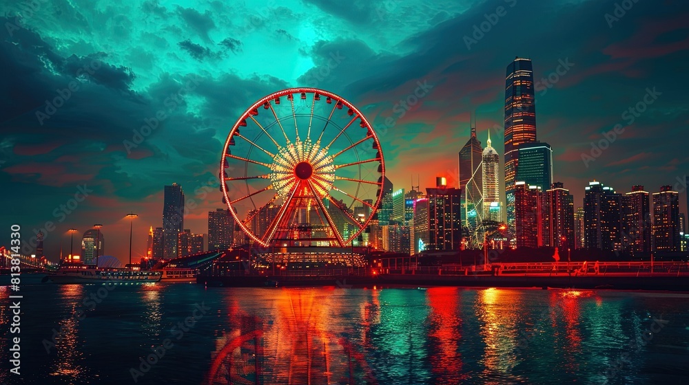 Market cycles, a Ferris wheel of economic phases against a city skyline ...