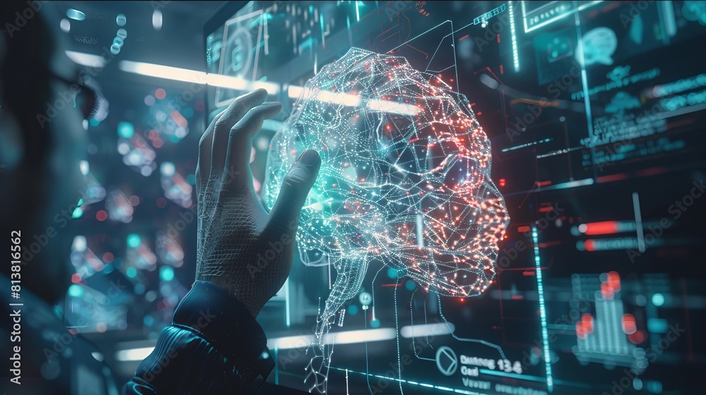 This image shows a computer screen displaying a futuristic artificial ...