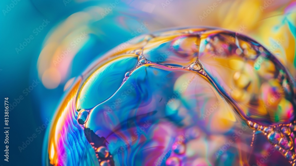 A close-up shot of a soap bubble, its iridescent surface shimmering ...
