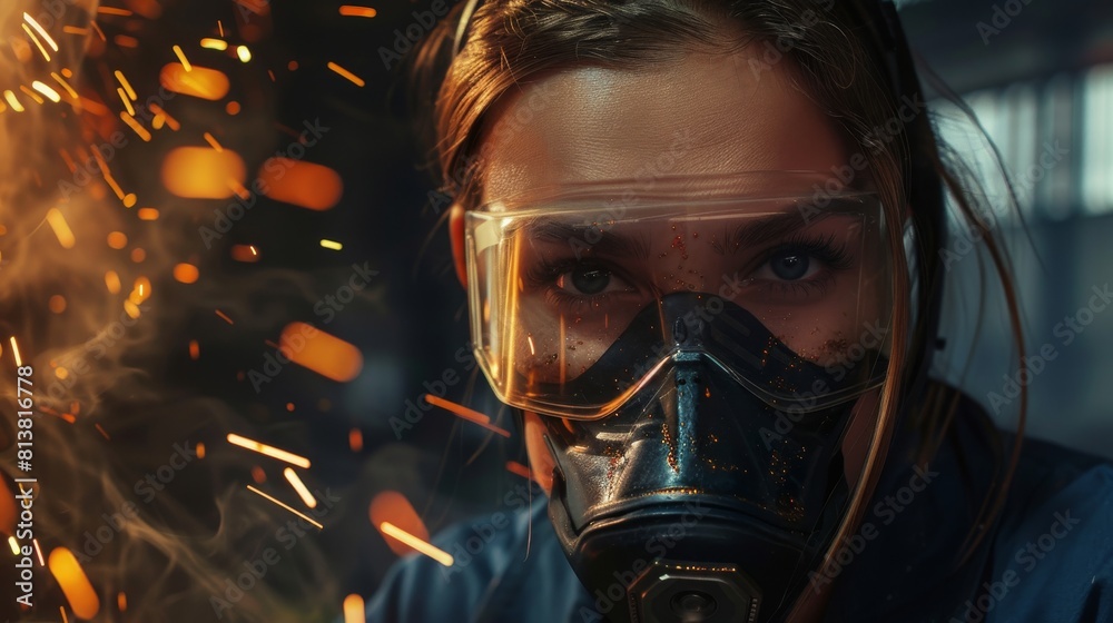 Female Fabricator in Safety Mask. Flying Hot Sparks Reflect on the Mask ...