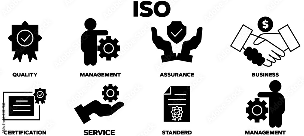 ISO 9001 banner with icons. ISO Outline icons of quality, management ...