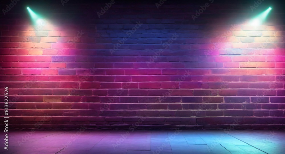 empty stage with brick wall and neon lights, blank room, studio mockup ...