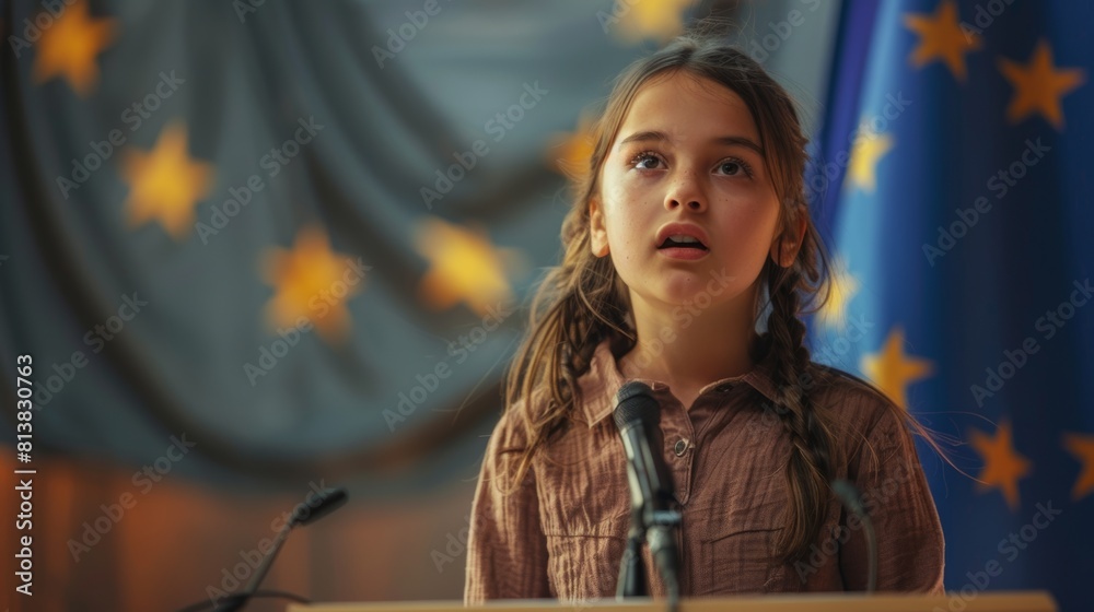 Girl activist delivering emotional speech at press conference in ...