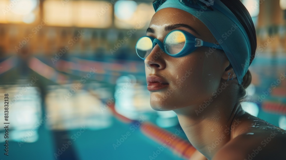 Professional Female Swimmer in Pool, Wearing Cap and Goggles, Looking ...