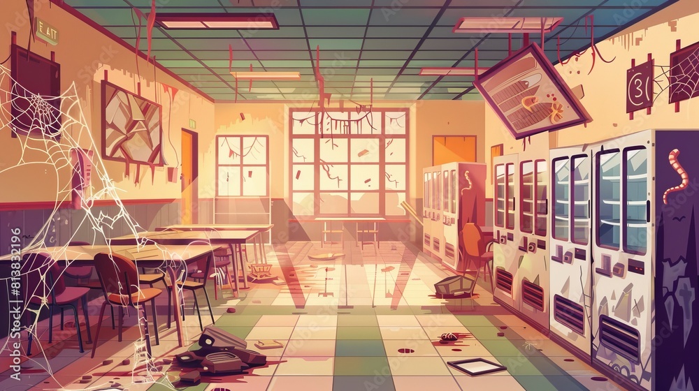 Cartoon modern illustration of a crashed school cafeteria, a dirtied ...