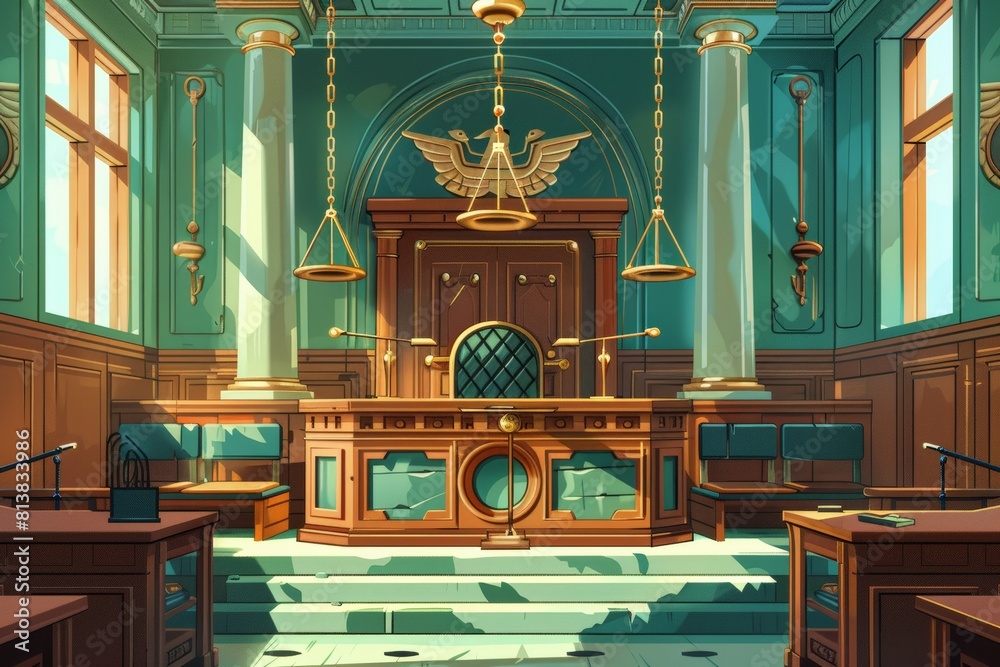 A detailed illustration of courtroom, with each object (gavel, robe ...