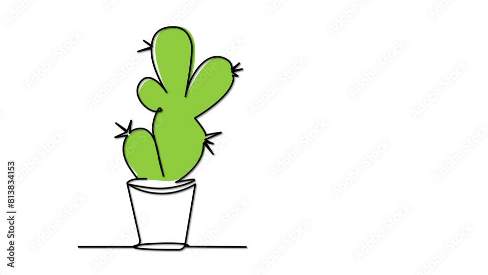 Cactus potted plant self drawing animation. Green cactus animated on ...