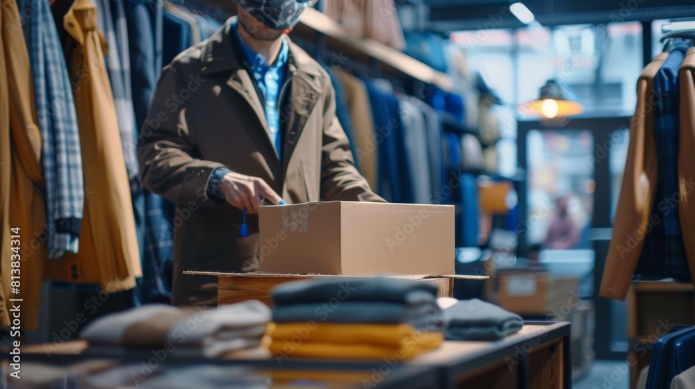 Clothing Store Checkout Cashier Counter. Retail Managers Pack and Give ...
