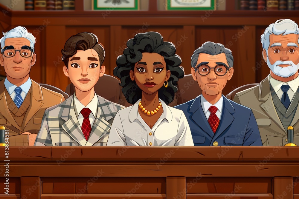 Animated scene in a courtroom setting with five diverse individuals at ...