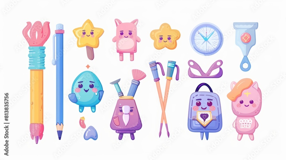 A modern set of fun school supplies cartoon characters. Student ...