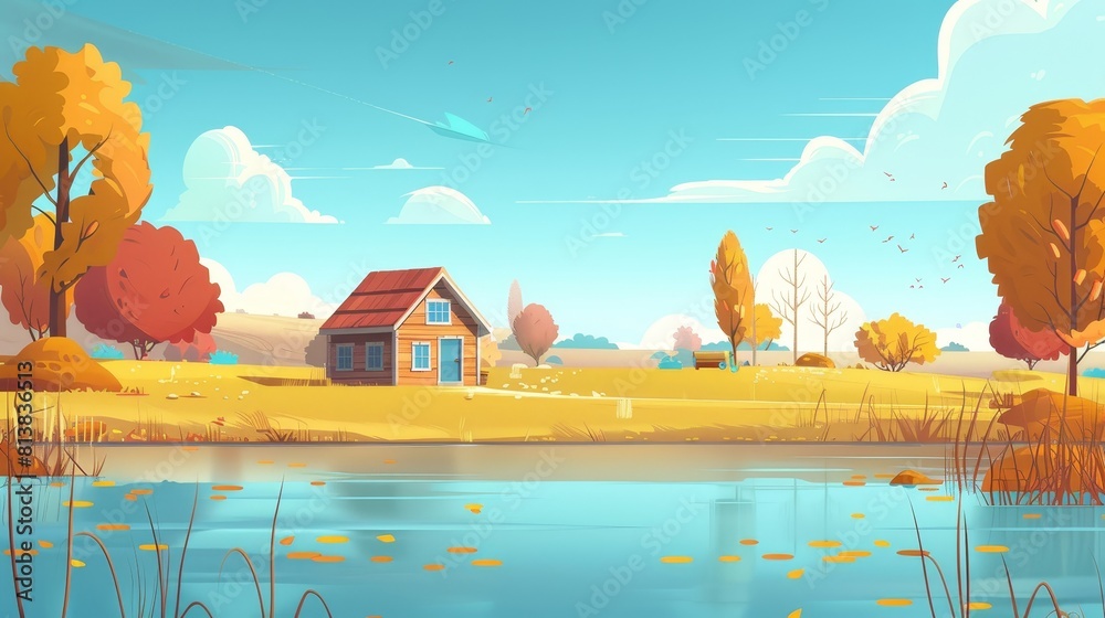 The woods with fields and garden in autumn in a modern parallax background for 2D animation ...