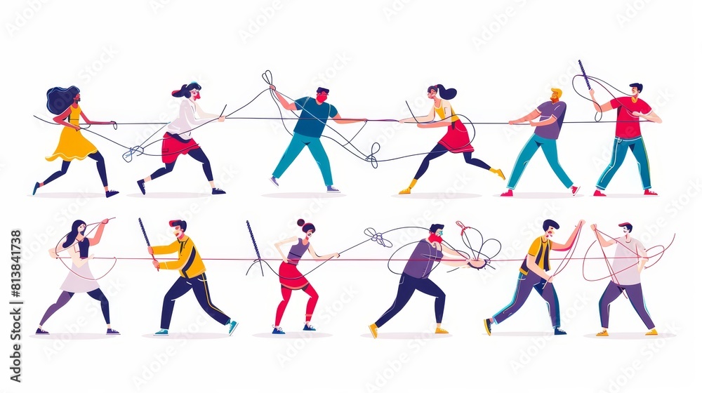 Business teams competing in a tug of war. Opposing groups fighting and ...