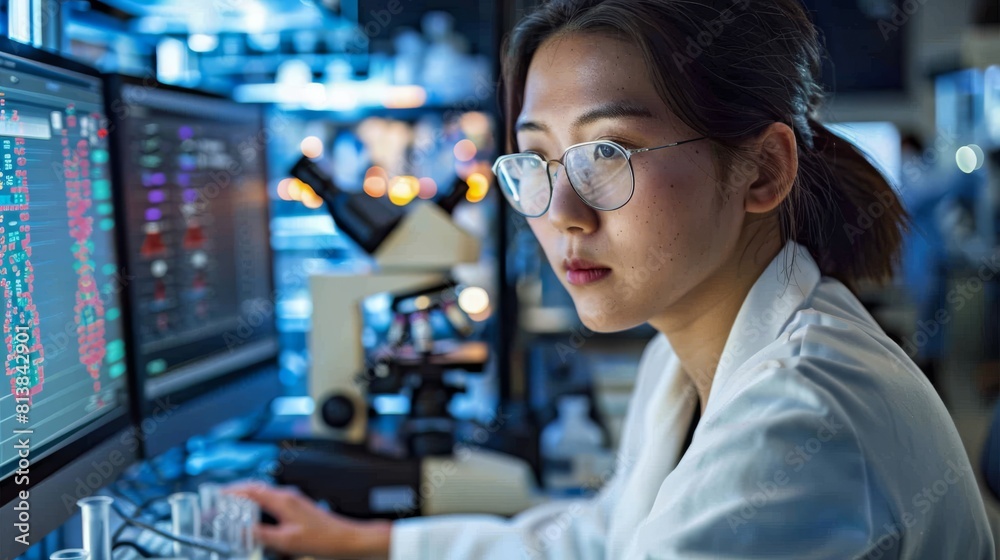 Capture a high-resolution photograph of a female chemist examining ...