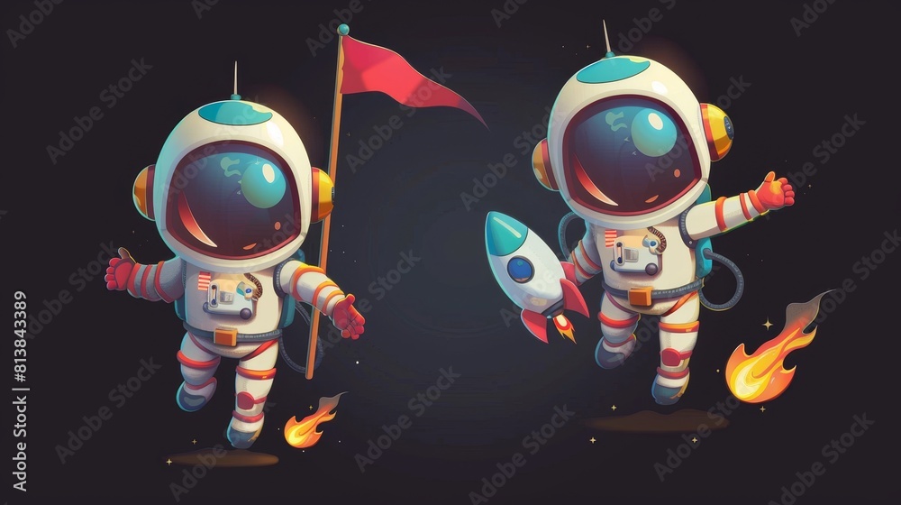 The cartoon astronaut character set is isolated on a black background ...