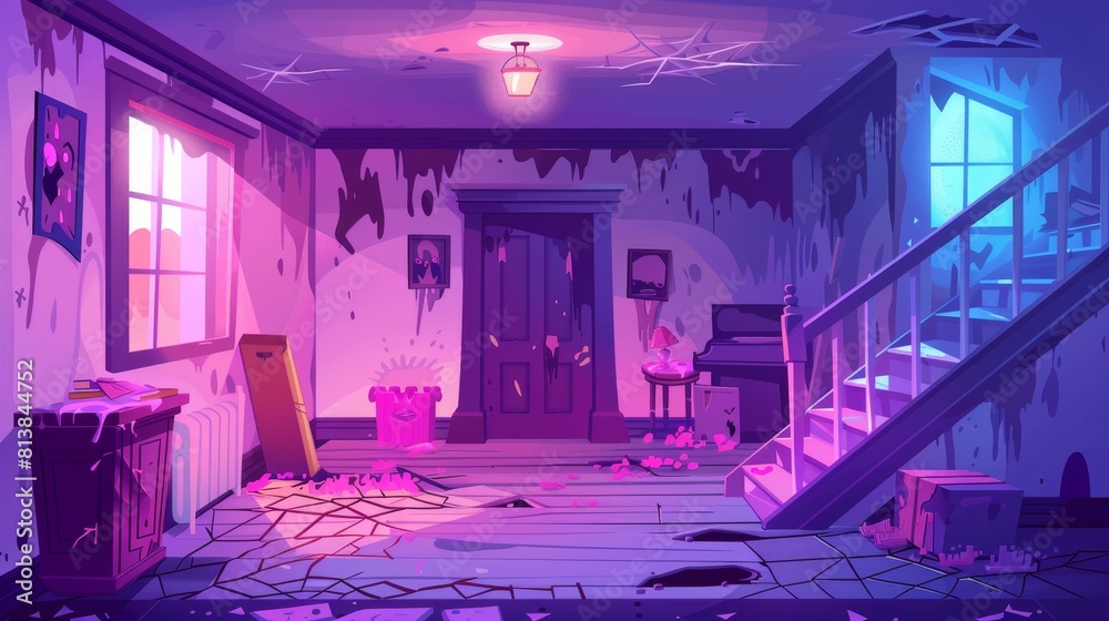 The hallway of an abandoned cartoon house is messy. The living room has ...
