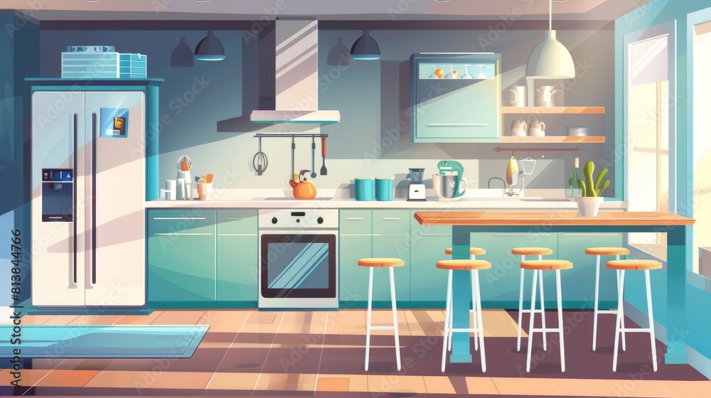 Cartoon interior illustration of a kitchen with a bar table. Modern ...