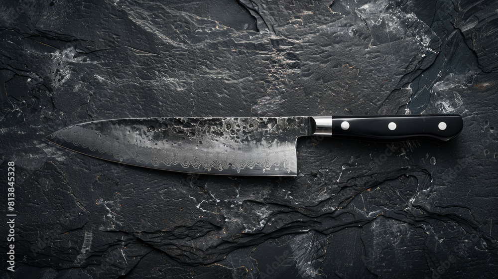 Detailed top-down view of a traditional kitchen knife, placed on a ...