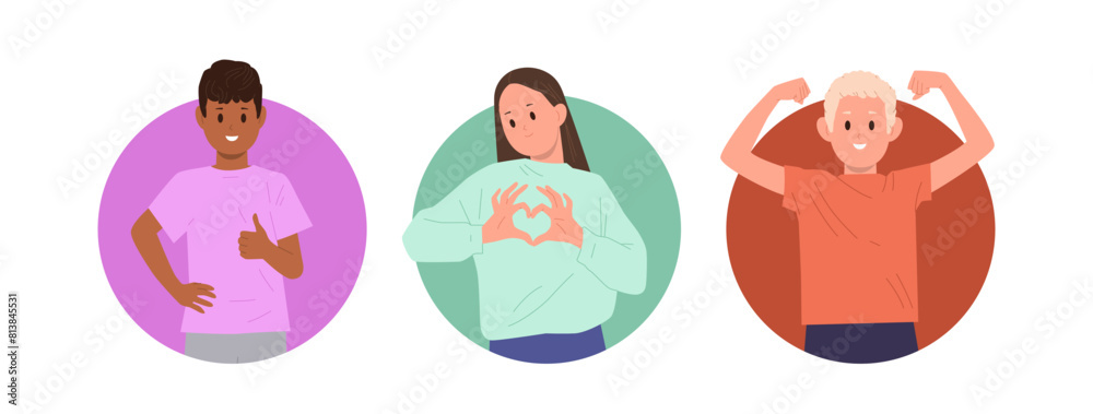 Happy children cartoon characters showing positive gesture and ...