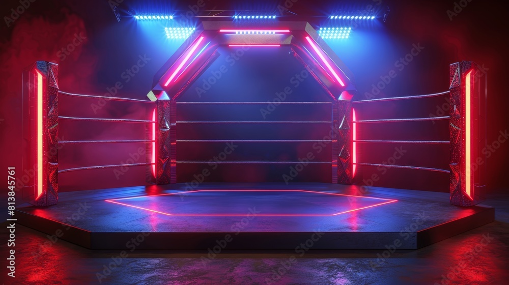 The MMA ring for boxing. Octagon fight arena stage modern design. A ...