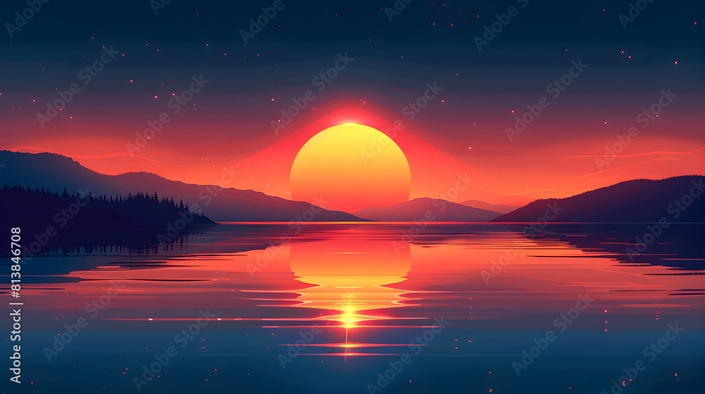 Tranquil Scene: Flat Design Sunset Reflecting on Calm Lake Peaceful ...