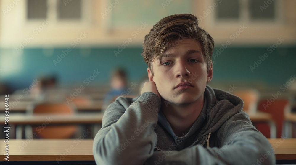 A unhappy depressed teen boy in a school class room lonely. Frustrated ...