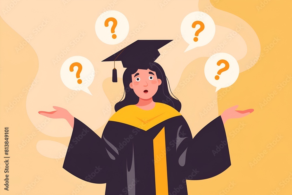 Young woman in graduation cap and gown with question marks, feeling ...