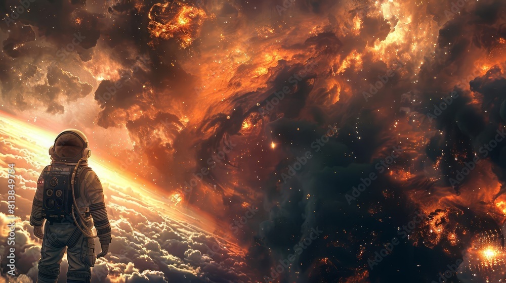 Represent an astronaut capturing photographs of a nebula from a ...