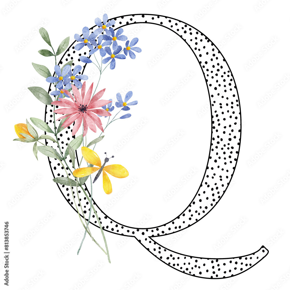 Letter Q, floral monogram with watercolor wild flowers and leaf ...