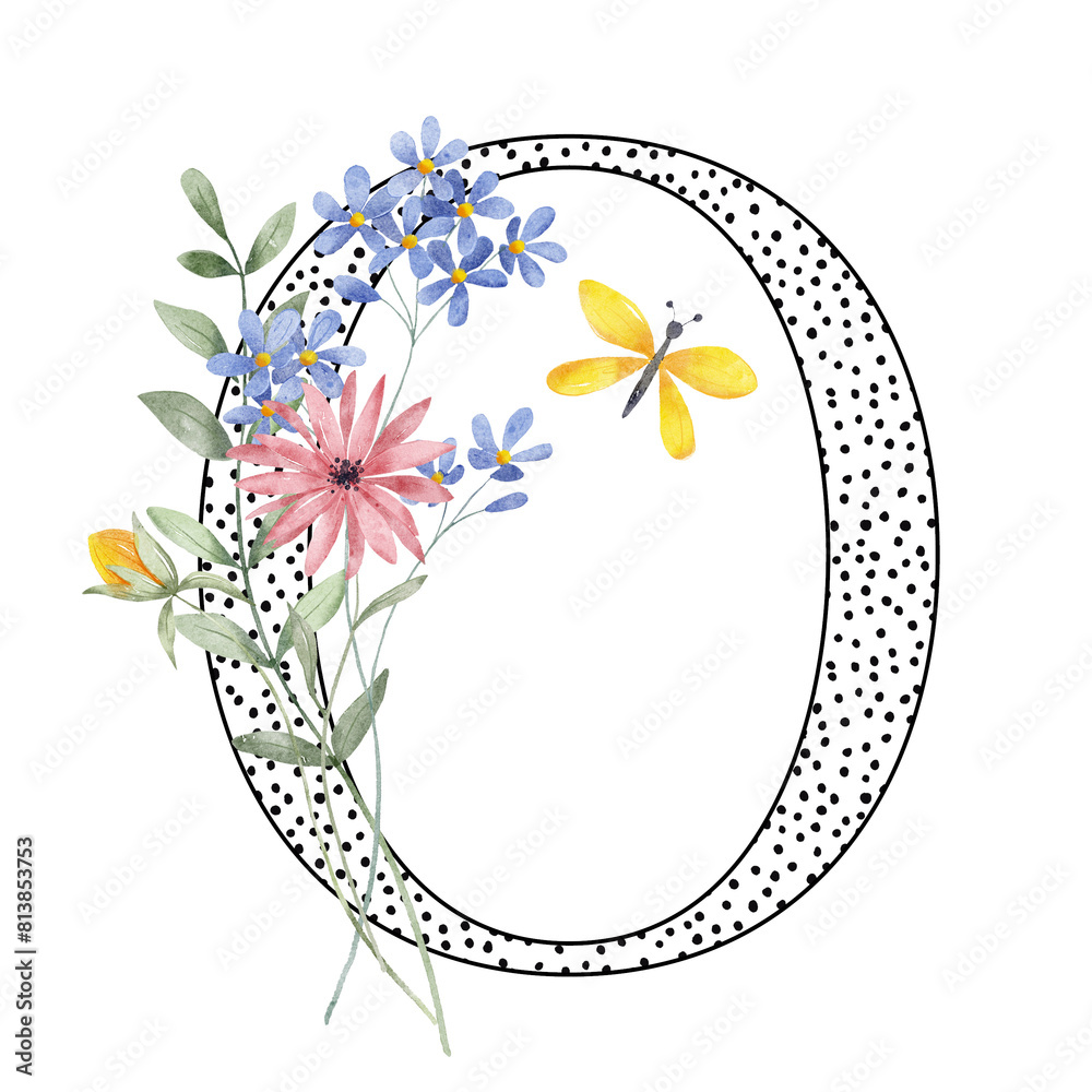Letter O, floral monogram with watercolor wild flowers and leaf ...