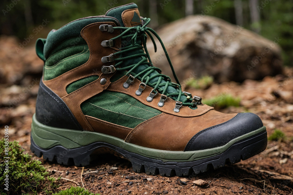 A mountain ranger army boot in earthy brown and green tones, featuring ...