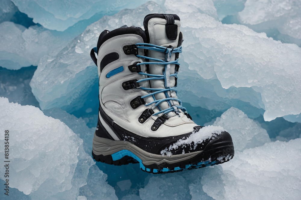 An arctic expedition army boot in frosty white and icy blue colors ...