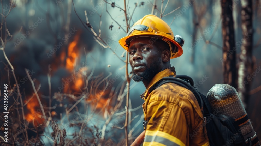 African American Firefighter Methodically Extinguishing a Forest Fire ...