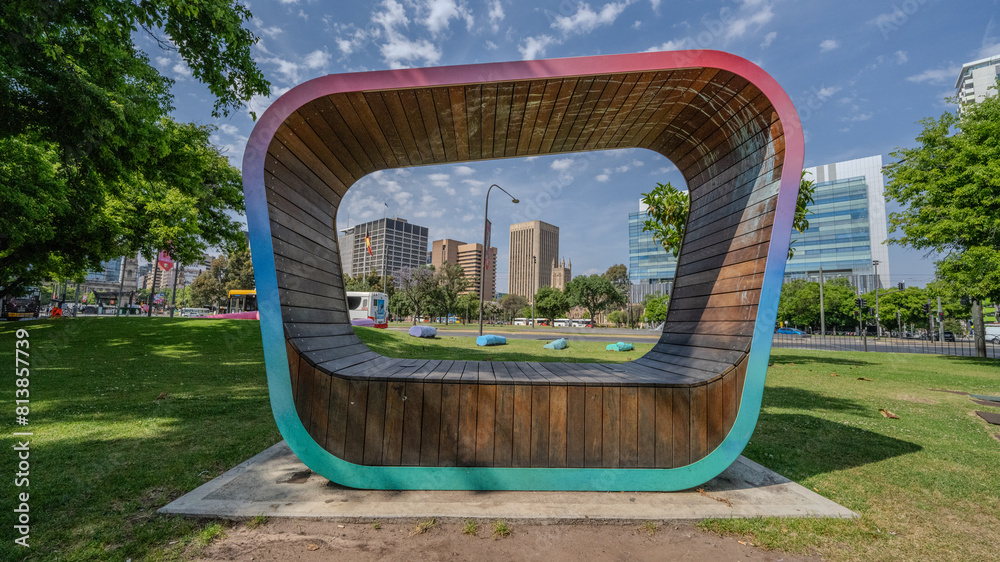 Modern art installation in Adelaide, Australia, framing a view of the ...