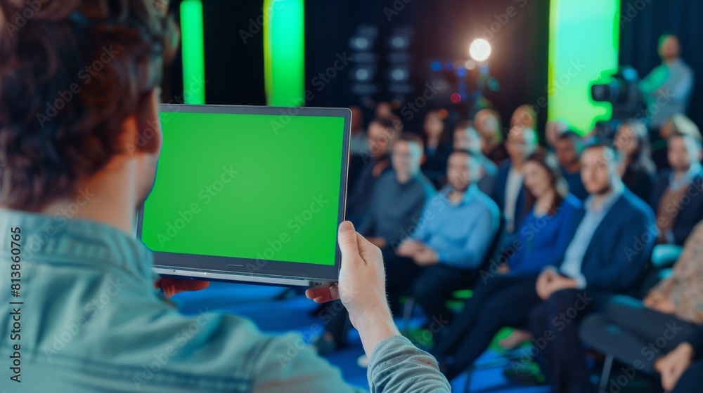 Startup CEO holding laptop with green screen chromakey displayed and ...