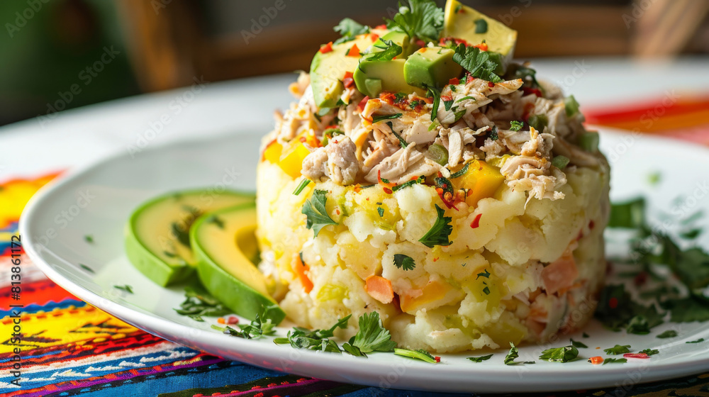 Colorful peruvian causa rellena with sliced avocado on a vibrant ...