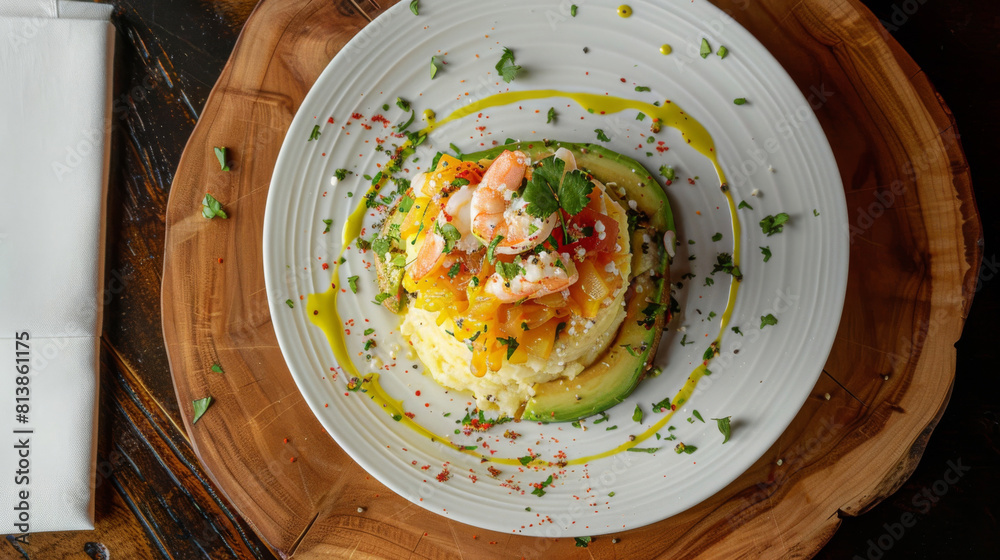 Authentic peruvian causa rellena layered with yellow potatoes, avocado ...